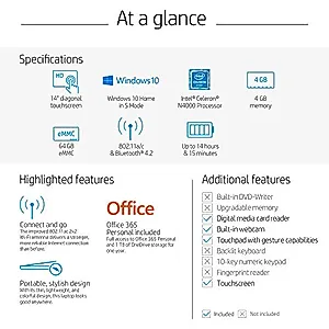 HP Stream 14-inch HD Touchscreen Laptop, Intel Celeron N4000, 4 GB RAM, 64 GB eMMC, Windows 10 Home in S Mode With Office 365 Personal For 1 Year (14-cb193nr, Diamond White)