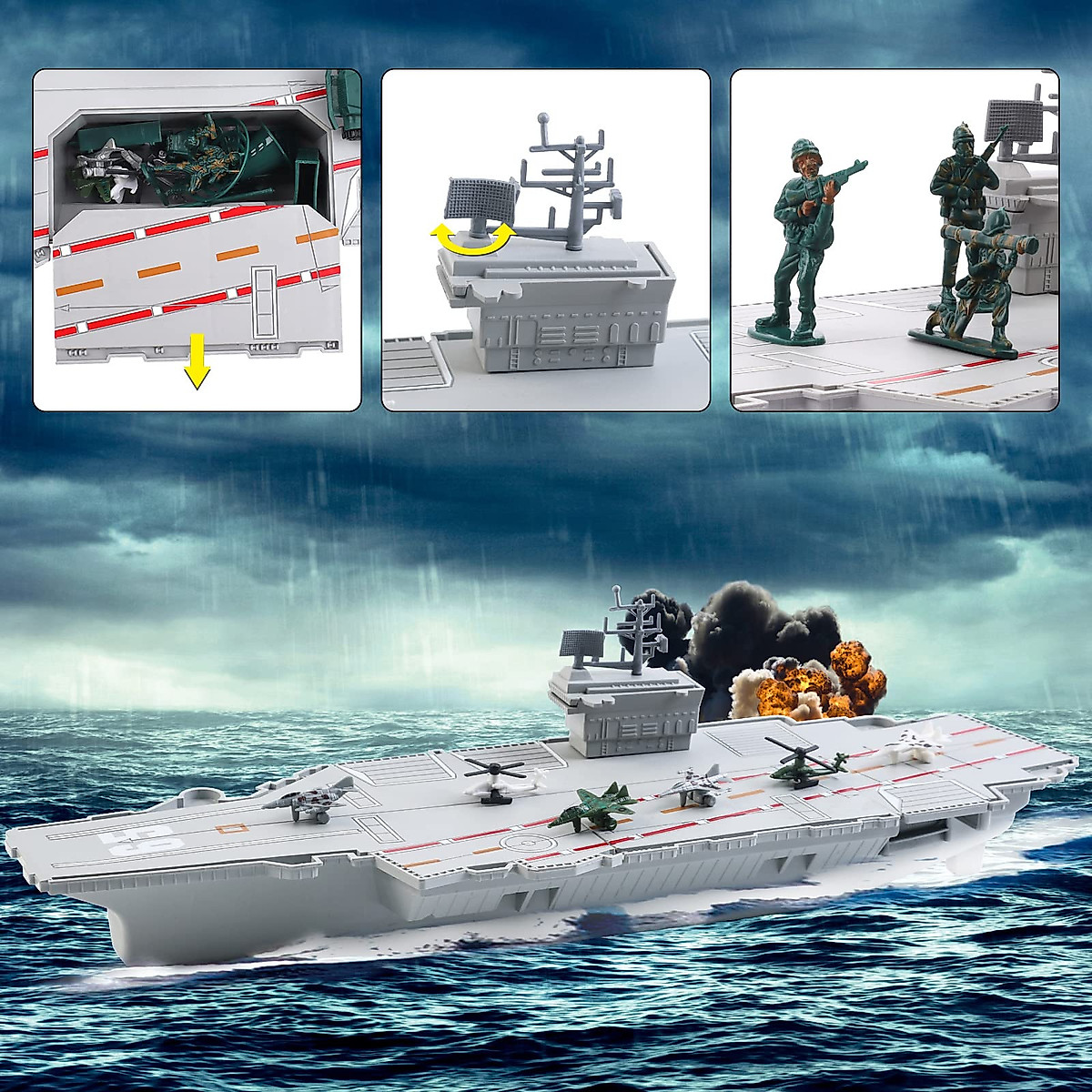 deAO Aircraft Carrier Toy with Scale Model Warplanes Warships Military Vehicles Battleship Helicopter Planes Trucks Tank Army Men Toys for Kids Boys Girls 18 Inches