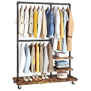 Raybee Industrial Pipe Clothes Rack Heavy Duty Clothing Racks for Hanging Clothes, 400LBS Clothes Rack with Shelves Wheels, Portable Adjustable Rolling Garment Rack for Hanging Clothes, Rustic Brown