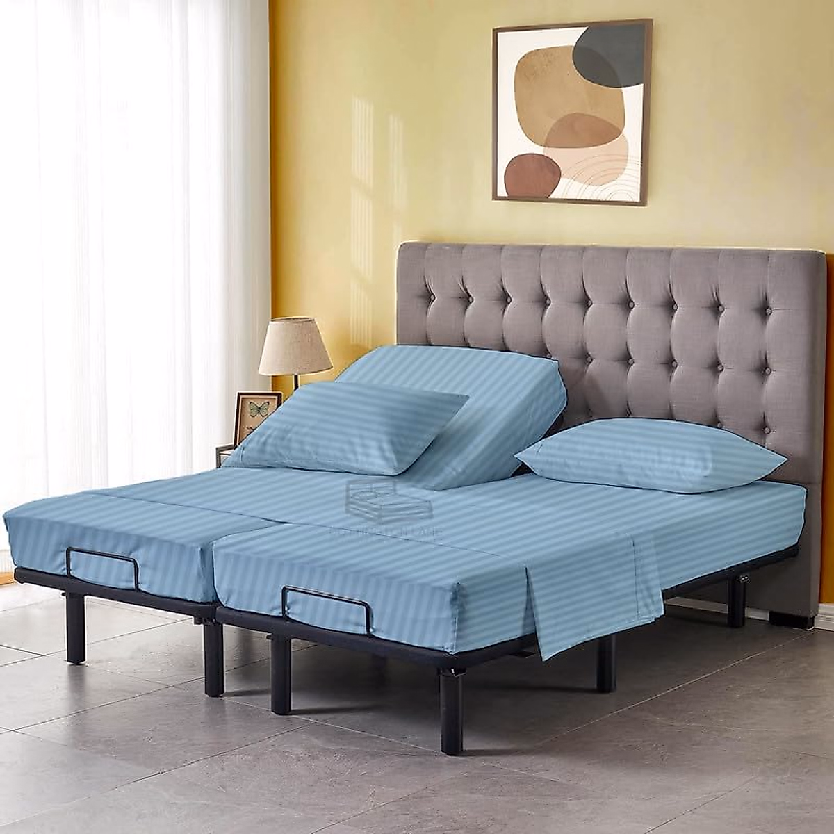 5 Piece Split California King Sheets Sets for Adjustable beds- 400 TC 100% Cotton(Light Blue Stripe)