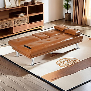 GERDIOEB Modern Convertible Folding Futon Sofa Bed with 2 Cup Holders, Leather Upholstered Adjustable Couch Loveseat Sofa Sleeper with Removable Armrests for Living Room Office Small Space (Tan)