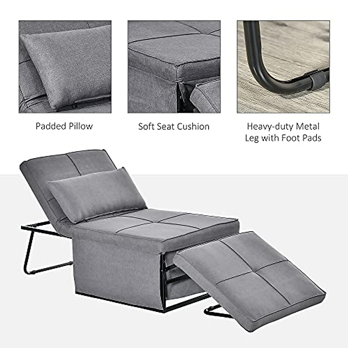 HOMCOM 4-in-1 Multi Function Folding Single Sofa Bed with Retractable Footrest, Convertible Sleeper with Adjustable Backrest for Living Room and Small Spaces, Grey