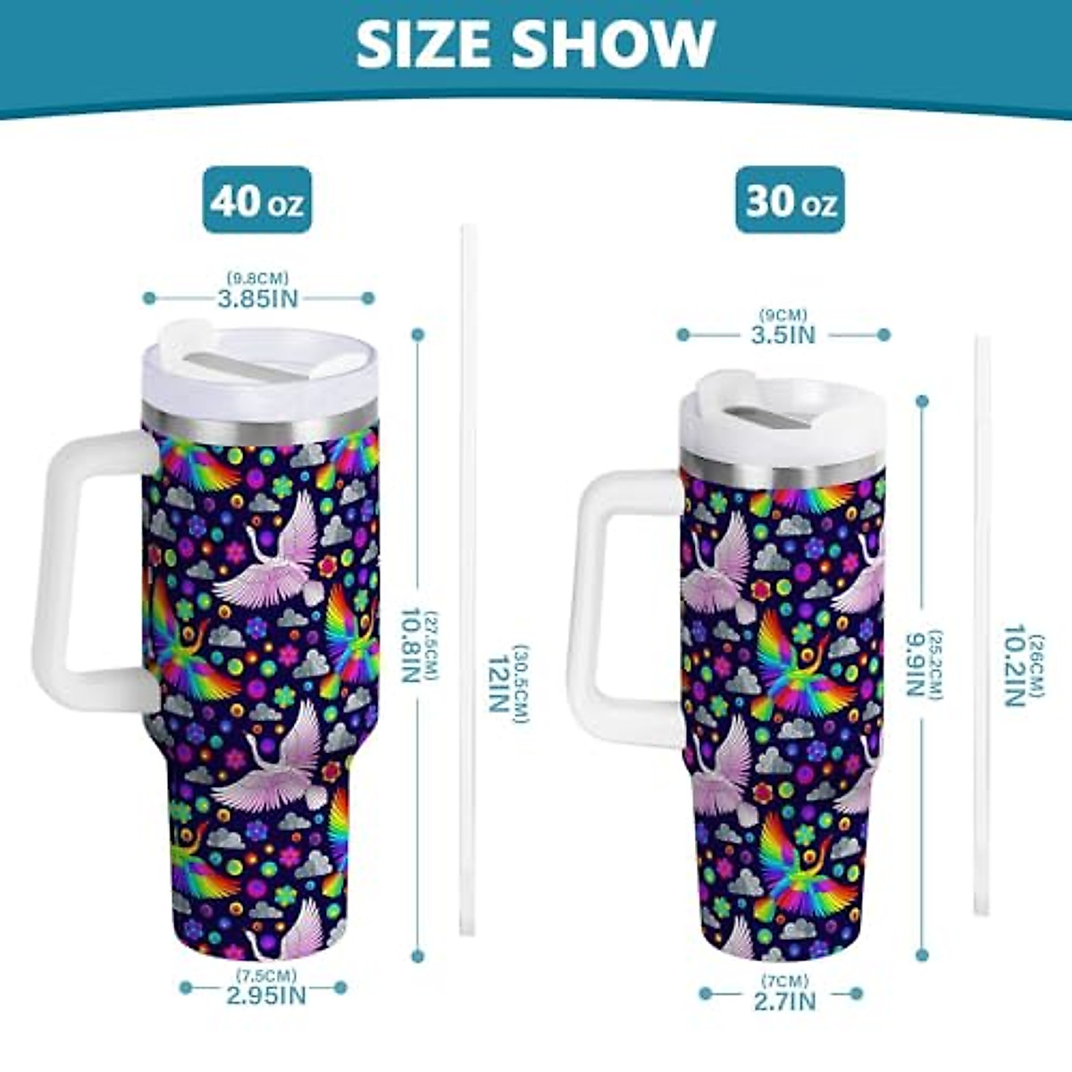 Emelivor Colorful Birds Cloud 40 oz Tumbler with Lid and Straw Insulated Tumblers with Handle Large Travel Coffee Mug Stainless Water Cup Fits in Car Cup Holder