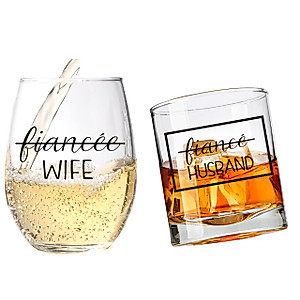 COOL AF Wedding Gift Glass Set For Bride and Groom - Mr and Mrs Whiskey and Wine Glass Gift Set - Engagement Gift for Couples and Newlyweds - Husband and Wife