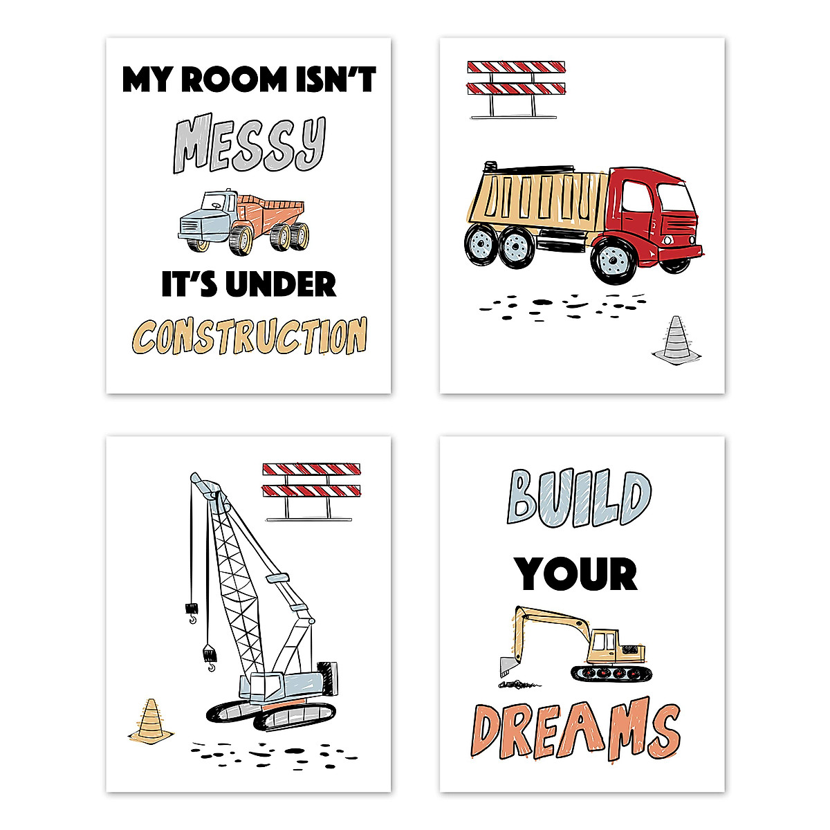 Sweet Jojo Designs Construction Truck Wall Art Prints Room Decor for Baby, Nursery, and Kids - Set of 4 - Grey Yellow Orange Red and Blue Transportation