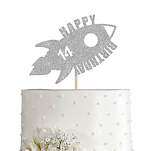 Silver Rocket 14th Birthday Cake Topper, Glitter Boy Girl Space 14 Years Birthday Party Decoration