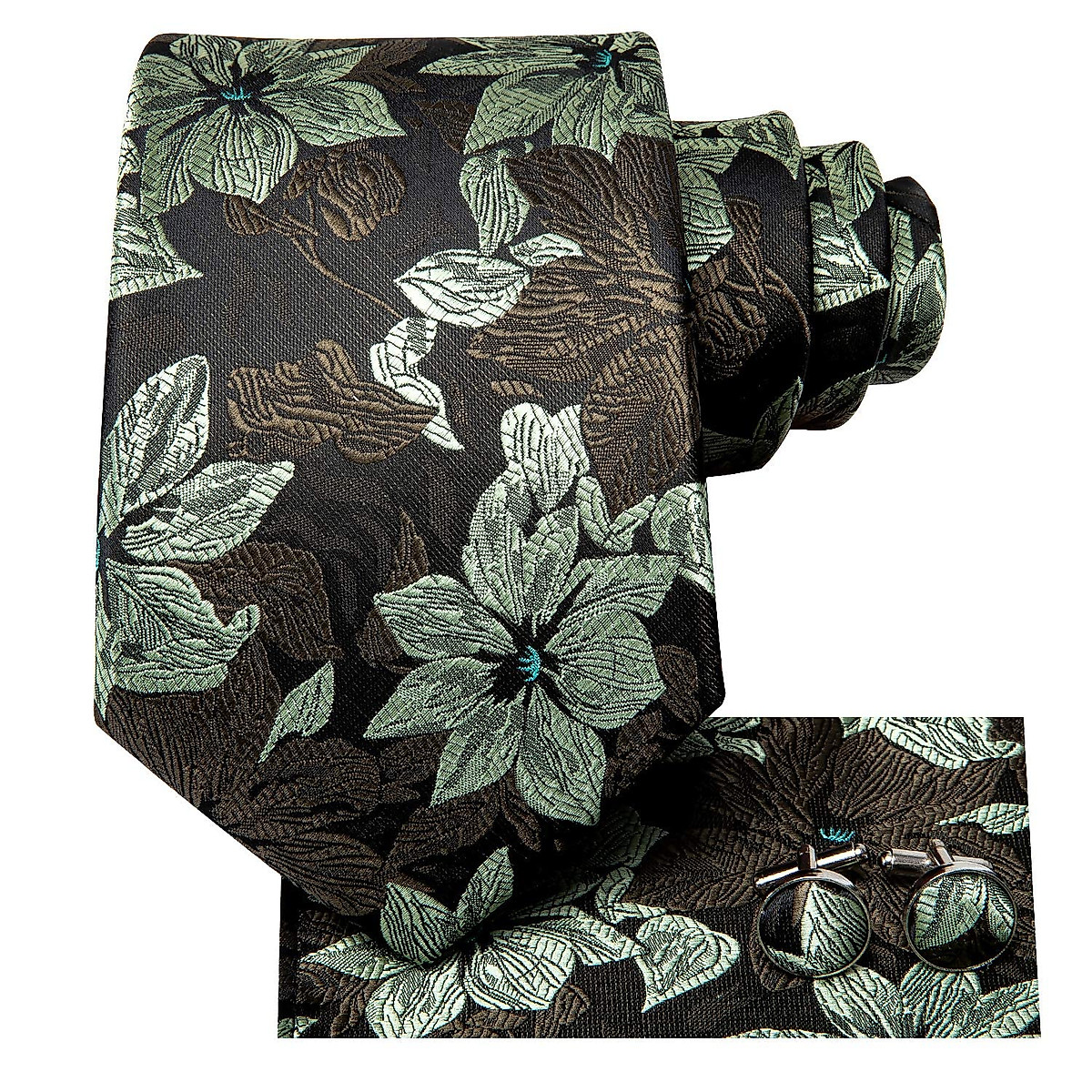 Dubulle Mens Tie Set Solid Paisley Silk Striped Necktie for Men with Cufflinks Tie and Pocket Square,A Sage Green