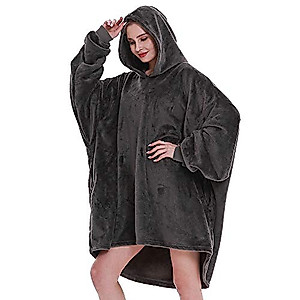Panku Wearable Blanket Hoodie, Oversized Flannel Blanket Sweatshirt with Hood Pocket and Sleeves, Hooded Blanket for Adult Women Men, (Dark Grey)