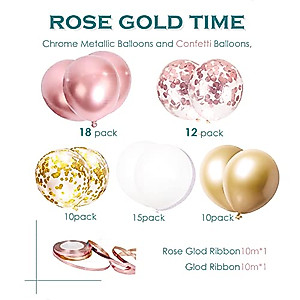 Rose Gold Confetti Latex Balloons, 65 pcs 12 inch White Metallic Gold Party Balloon with 33 Ft Rose Gold Ribbon for Birthday Wedding Anniversary Bridal Shower Decoration