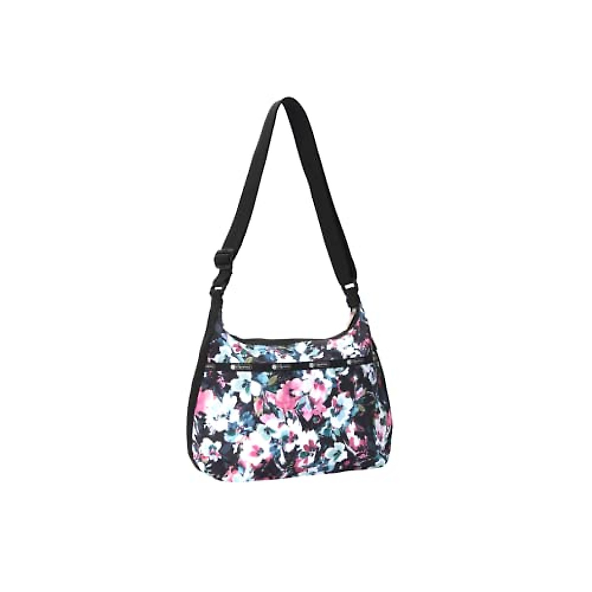 LeSportsac Sweet Petals Large Hobo Crossbody Bag, Style 3710/Color E457, Romantic Modern Watercolor Inspired Floral, Artfully Arranged Flower Blooms in Raspberry, Navy, Aqua & White, Large Carryall