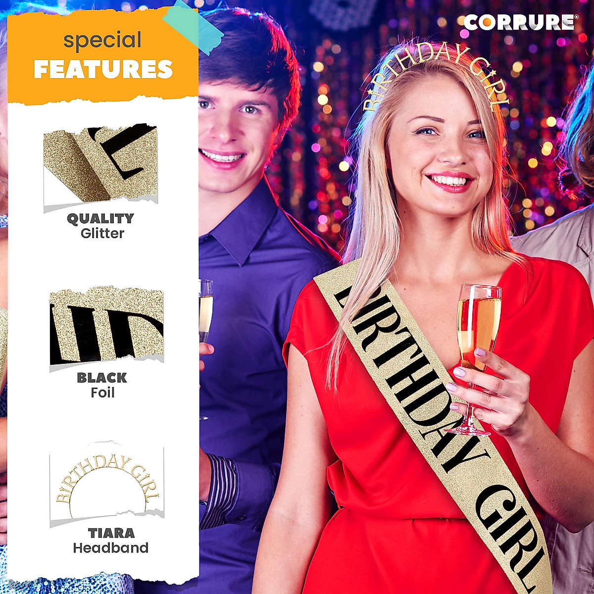 CORRURE 'Birthday Girl' Sash and Headband Tiara - Gold Glitter with Black Foil Happy Birthday Sash and Tiara for Women - Party Favors Supplies and Decorations for 18th 21st 30th 40th Bday Party