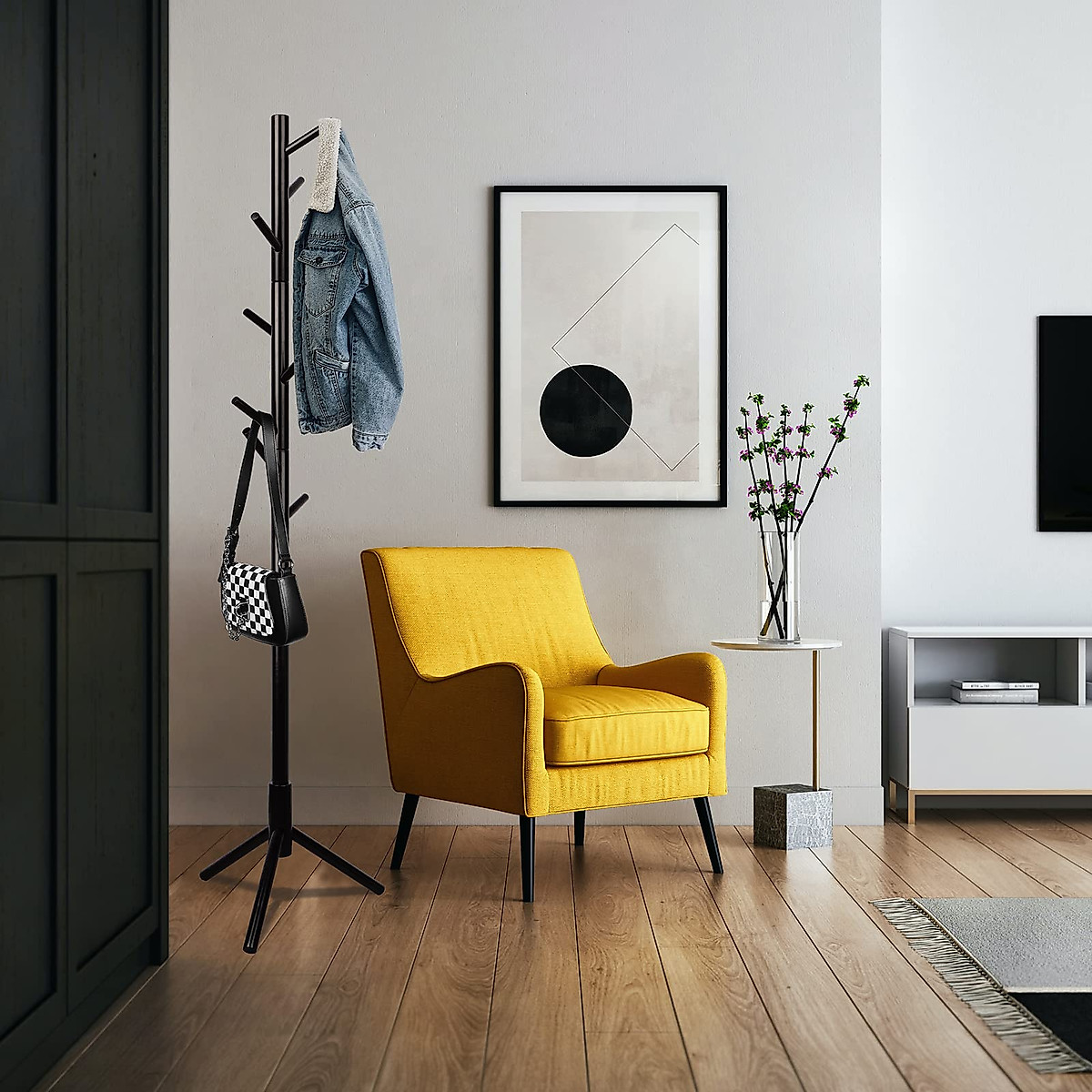 COLAPOO Wooden Tree Coat Rack Stand - 3 Adjustable Sizes 8 Hooks - Corner Coat Rack Freestanding for Office Entryway Bedroom Hall Tree Coat Hanger for Jacket Hat Clothes (Black)