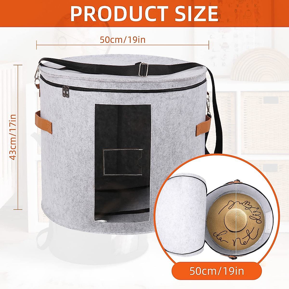 Ohiyoo Large Hat Boxes for Wide Brim, Large Hat Storage Box 19" D x 17" H, Hat Boxes for Women Storage Large Round Men Hat Box, Foldable Felt Stuffed Animal Toy Storage Bin with Lid (Light Gray)