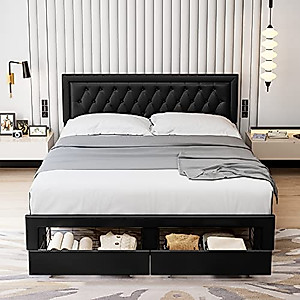 Queen Bed Frame with 2 Storage Drawers, Leather Upholstered Platform Bed Frame with Button Tufted Headboard, Wooden Slats and Adjustable Headboard Mattress Foundation, No Box Spring Needed, Black