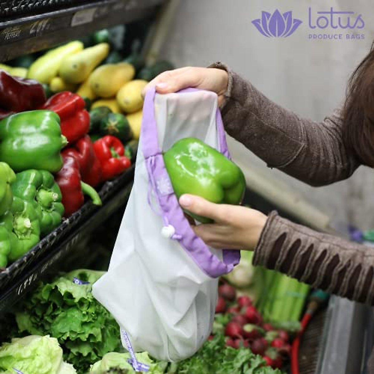 Lotus Produce Bags | 9 Count | 3 Sizes & 3 Colors | Machine Washable, Reusable, Multipurpose, Lightweight Mesh Grocery Bags | Fruits, Vegetables, Nuts, Grains | Eco-friendly Netted Reusable Mesh Bag