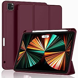 ZryXal New iPad Pro 12.9 Inch Case 2022/2021/2020(6th/5th/4th Gen) with Pencil Holder,Smart iPad Case [Support Touch ID and Auto Wake/Sleep] with Auto 2nd Gen Pencil Charging (Wine)