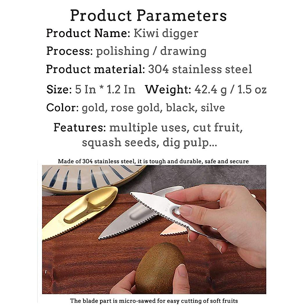 AnSaw Kiwi Spoon knife 2-in-1 Reusable avocados Fruit Cutter Peeler Spoons, Stainless Steel Multi Use For Home Kitchen and Travel Utensil,Set of 4