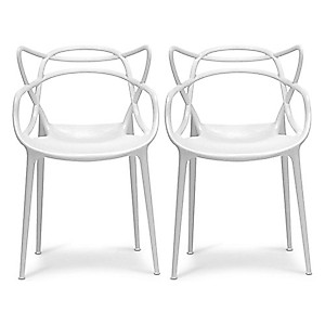 2xhome Set of 2 Stackable Contemporary Modern Designer Plastic Dining Chairs, Open Back Chairs for Indoor or Outdoor Use, White