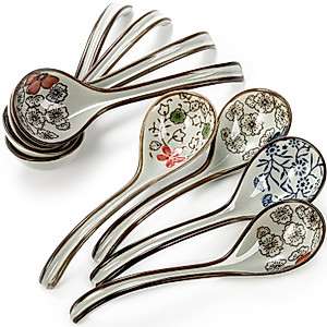 Cididu 8 Pcs Asian Ceramic Soup Spoons, Japanese Ramen Spoon with Long Curved Handle, Chinese Soup Spoon, Porcelain Tablespoon, Kitchen Serving Spoon for Miso, Noodles, Cereal, Wonton, Dumpling Rice