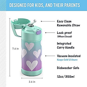 THERMOS FUNTAINER Water Bottle with Straw - 12 Ounce, Purple Hearts - Kids Stainless Steel Vacuum Insulated Water Bottle with Lid