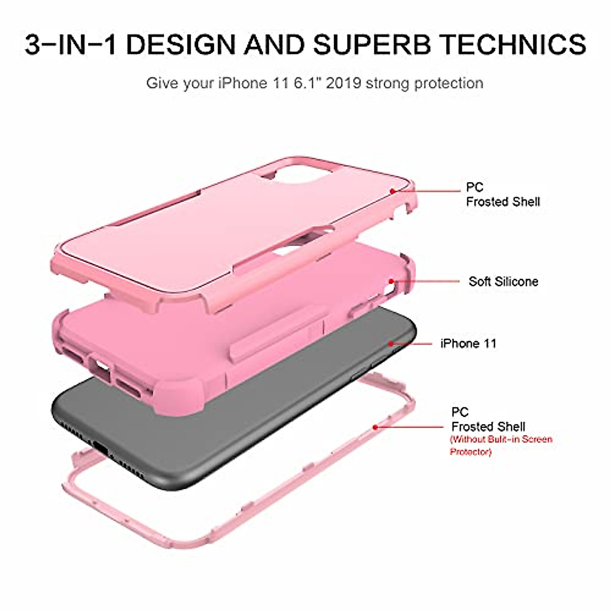 BENTOBEN iPhone 11 Case, Phone Case iPhone 11, Heavy Duty 3 in 1 Full Body Rugged Shockproof Hybrid Hard PC Soft TPU Bumper Drop Protective Girls Women Boy Men Covers for iPhone 11 6.1", Pink Design