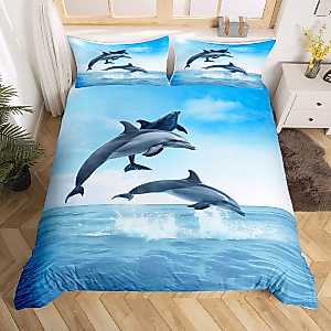 Erosebridal Ocean Dolphin Duvet Cover Queen, 3D Dolphin Comforter Cover, Blue Ocean Sea Wave Bedding, Marine Life Quilt Cover with Zipper Closure Soft Cozy for Kids Boys Teens Room Decor, 3Pcs