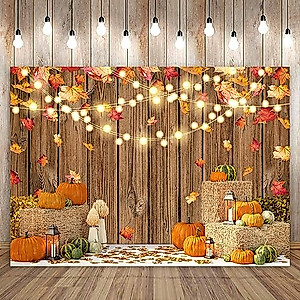 LYCGS 7X5ft Fall Backdrop Fall Thanksgiving Photography Backdrop Autum Rural Wooden Pumpkin Maple Leaf Haystack Backdrop Thanksgiving Photo Background Thanksgiving Party Decoration Banner X-157