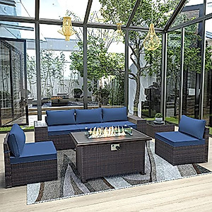 ASJMR Outdoor Patio Furniture Set with Gas Fire Pit Table, 7 Pieces Patio Furniture Set Outdoor Sectional Sofa w/43in Propane Fire Pit, PE Wicker Rattan Patio Conversation Set - Dark Blue