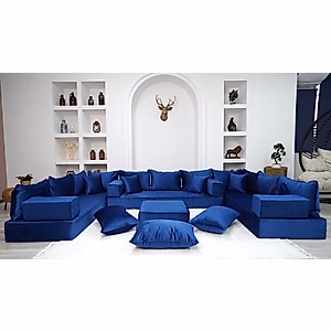 8" Thickness Royal Blue U Shaped Floor Seating Sofas, Sofa Bed Couch, Luxury Velvet Sofas, Moroccan Home Decor Livingroom Sofas, Arabic Seating Sofa (U Sofa + Ottoman + Pillows)