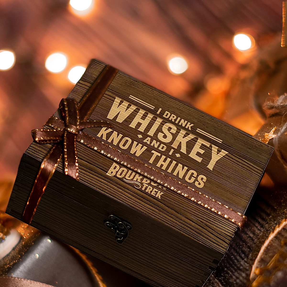 Boxed Set of Whiskey Gifts for Men - Includes Popular Whiskey Trivia, 2 Bourbon Glasses, 6 Stones, 2 Slate Coasters, 1 Wooden Freezer Tray & Stainless Steel Tongs - All in 1 Premium Giftable Box
