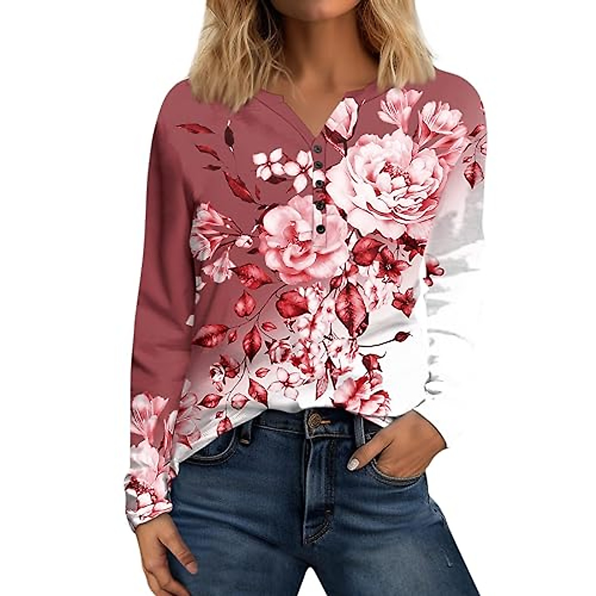 Fall Outfits for Women Boho Shirt Women Womens Tops Dressy Casual Boho Print Sweatshirt Floral Fall Long Sleeve Sweatshirt Women Plus Size Womens Halloween Costumes（1-Wine,Medium）