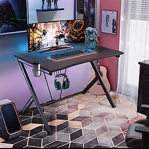 FurnitureR 45.3'' Gaming Desk Black Computer Desk with Cup Holder and Headphone Hook Modern Gamer Workstation Game Table, 45.3 x 29.2 x 30.4 in