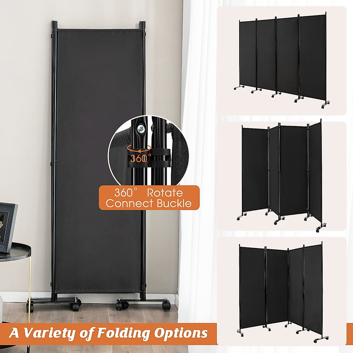 GOFLAME 4 Panel Folding Room Divider, 6FT Rolling Privacy Screen with Lockable Wheels, Portable Room Partition Screen, Freestanding Wall Divider and Separator for Home Office, Black