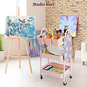 danpinera 3-Tier Rolling Cart, Metal Rolling Storage Cart with Lockable Wheels & Hanging Cups & Hooks, Mobile Trolley Cart for Kitchen, Bathroom, Office, Workshop, Pink