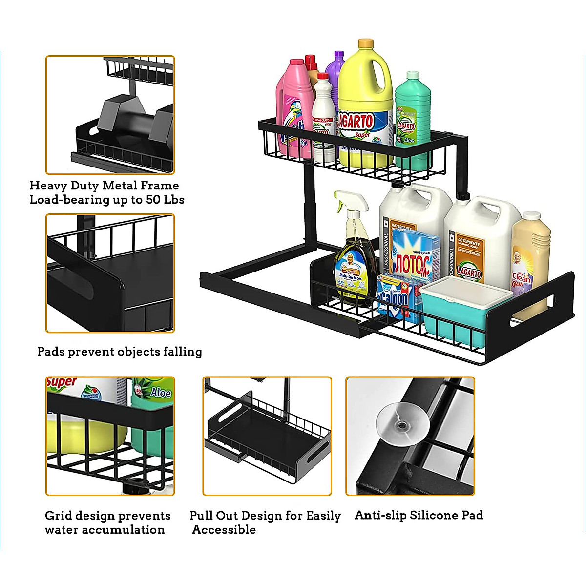 Shinhadi Under Sink Organizer Pull Out Cabinet Organizer 2-Tier Slide Out Sliding Shelf Under Cabinet Storage Multi-Use for Under Kitchen Bathroom Sink Organizers and Storage（Black）