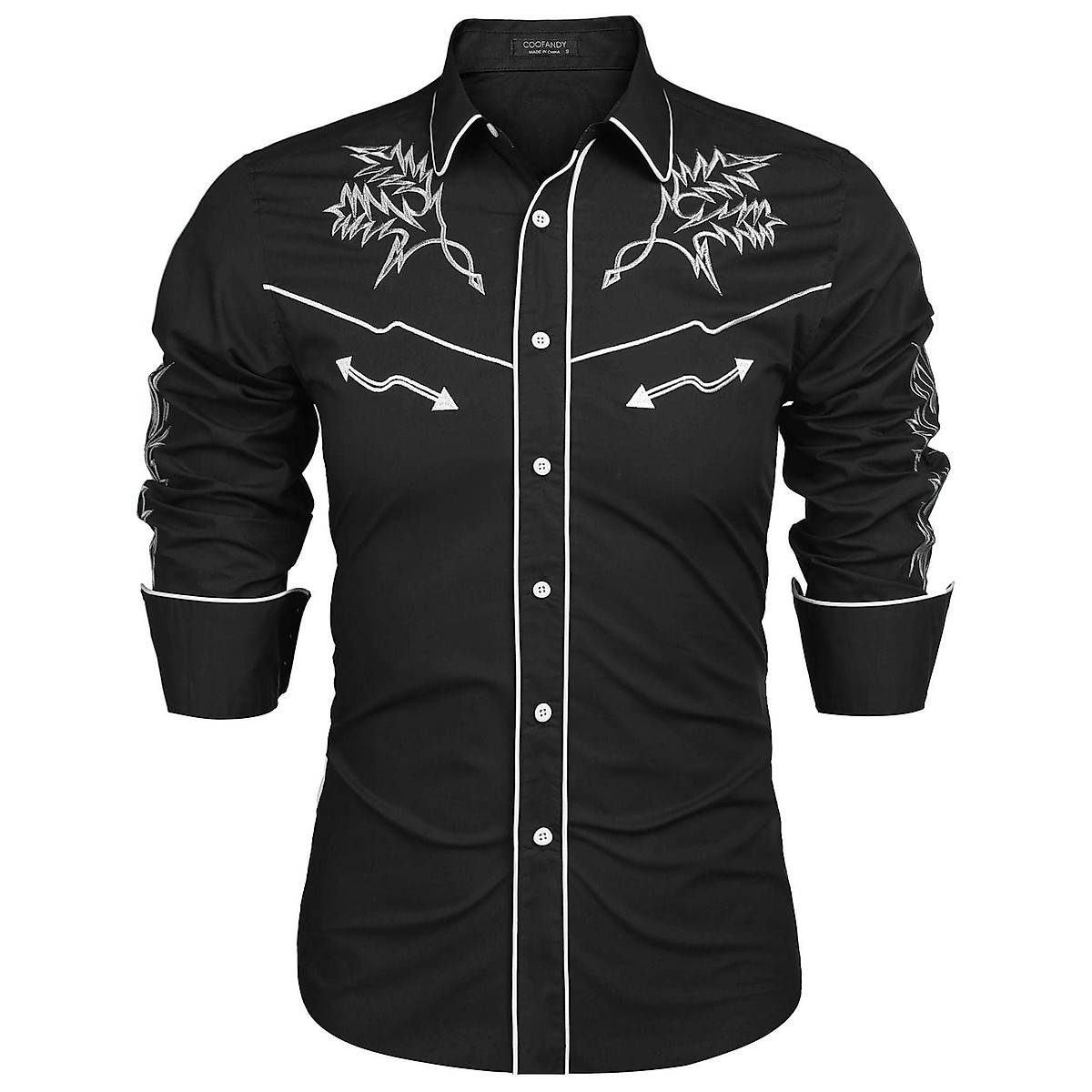 COOFANDY Men's Long Sleeve Embroidered Shirt Casual Slim Fit Button Down Western Shirts ,Black ,Medium