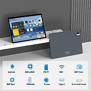 AOYODKG Tablet 2 in 1, 10.1 inch Android Tablet with Keyboard, Case Mouse, 8GB RAM+64GB ROM(1TB Expand), Octa-Core Processor, 1920x1200 IPS HD Display, Games, Wi-Fi, Bluetooth, AYO-A10 (Gray)