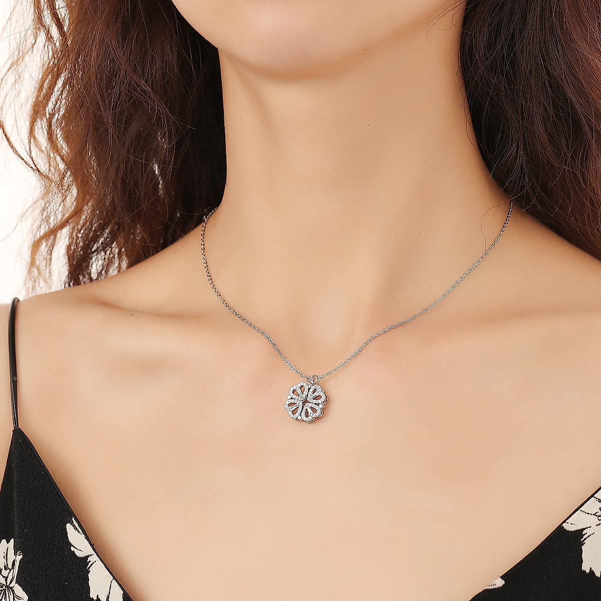 VANGETIMI 2 in 1 Four Leaf Clover Charm Lucky Necklace Heart Crystal Pendant Necklace Silver Link Mother's Day Gifts Jewelry for Women