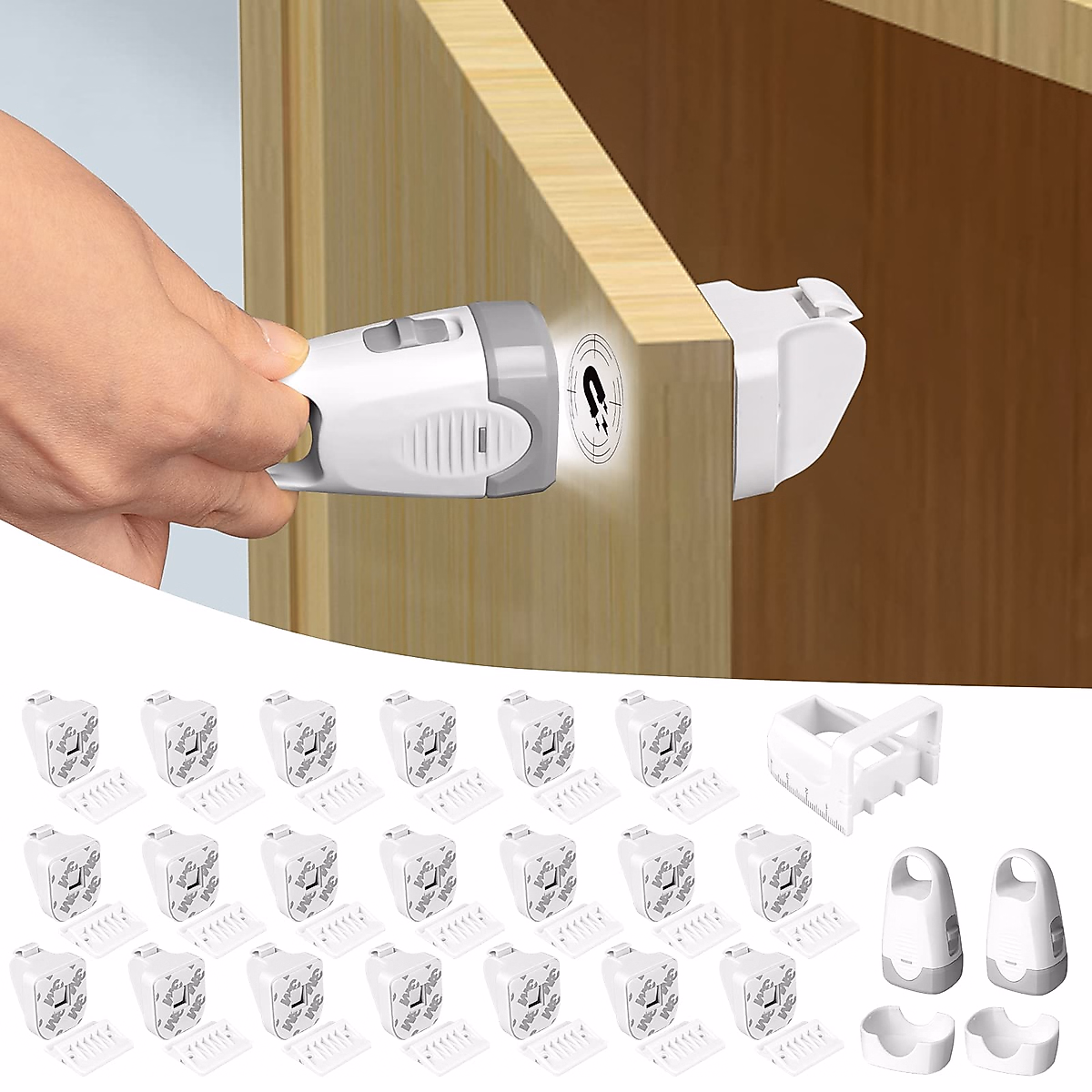 Baby Proofing (20 Locks and 2 Keys) -Child Magnetic Cabinet Locks with Lighting Function, Fit Most Cabinets and Drawers