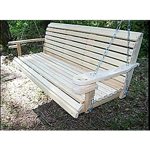 Ecommersify Inc 5 Ft USA Made Cypress Roll Back Porch Swing with Swing-Mate™ Comfort Springs and Cup Holder Arm and Stainless Steel Hardware Upgrade