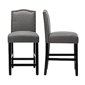 LSSBOUGHT Counter Stools, 24 inches Upholstered Bar Chairs with Solid Wood Legs and Nailed Trim Set of 2(Gray)