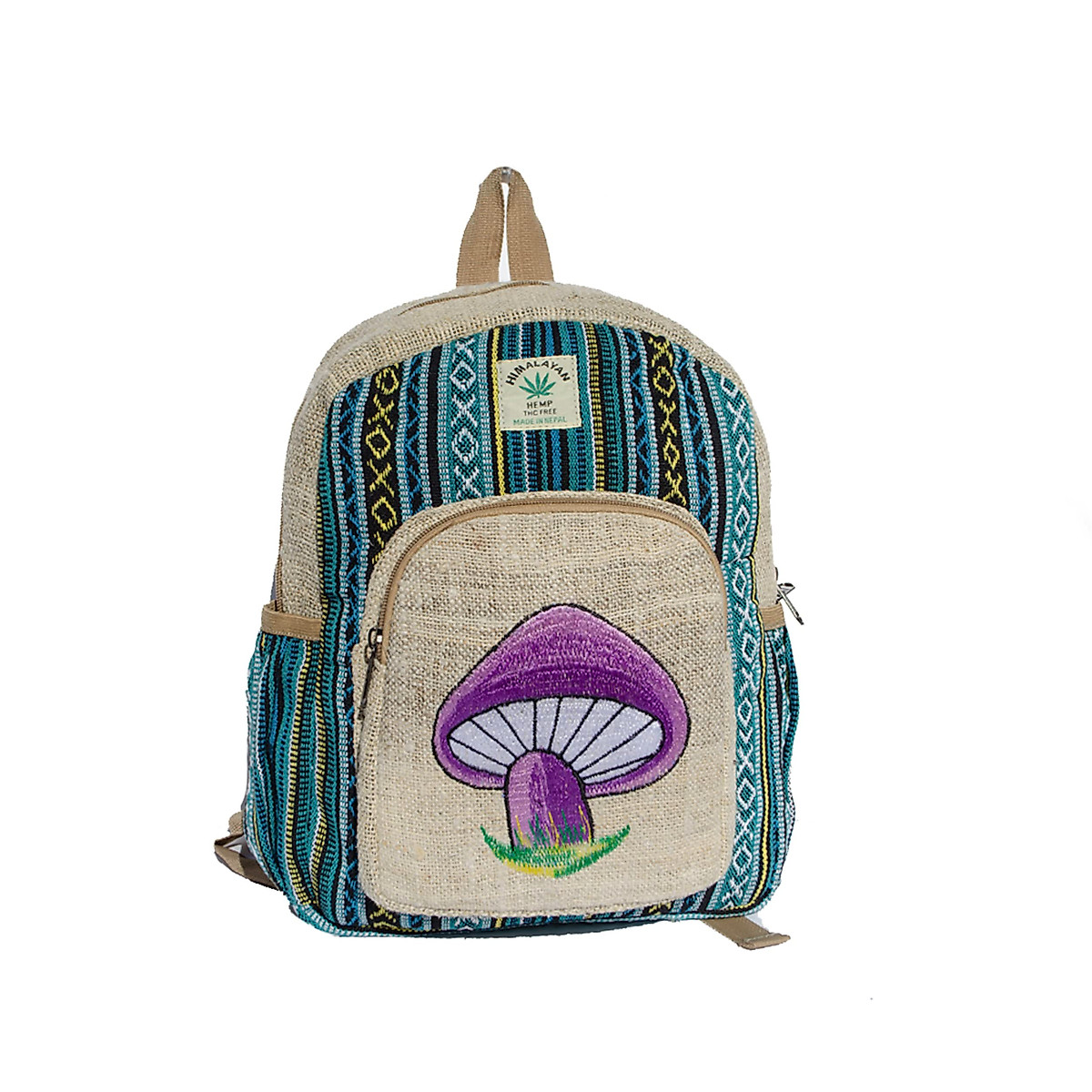 Handmade Mini Hemp Mushroom Backpack Purple Mushroom | Made in Nepal Travel Backpack with Water Bottle Pockets | Hemp Cotton Backpack