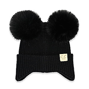 C.C Baby Earflap Double Fur Pom Pom Beanie Black