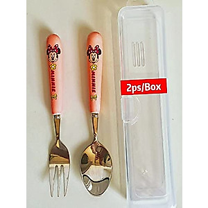 Meet Beauty Ding 1Set Stainless Steel Minnie Spoon Fork Set Pink Kid's Flatware with A Container Girl Children's Tableware Female Student's Cartoon Dinnerware Meal Tool（Made in China