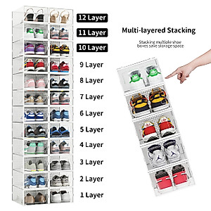 12 Pack Shoe Organizer Storage Bins, Clear Plastic Stackable Shoe Boxes for Closet, Space Saving Foldable Shoe Storage Bins, Sneaker Storage Shoe Box Container, White Frame