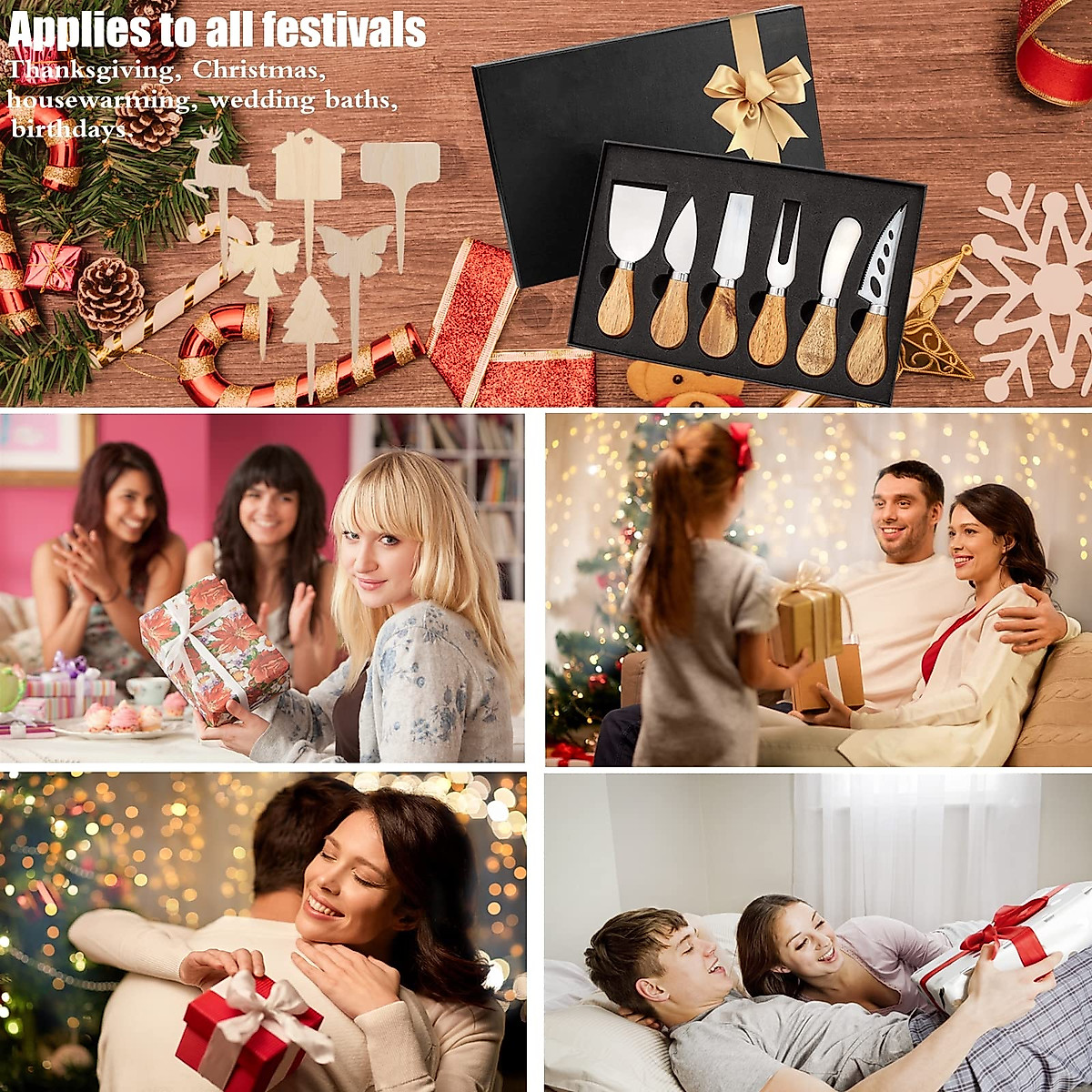 BUVLIVU Exquisite 6-Piece Cheese Knife Set- Stainless Steel Cheese Knife Set for Charcuterie Board (Wood Handle) with Gift Box, Cheese Spreader Knife Set, Charcuterie Utensils(Gift-Ready)