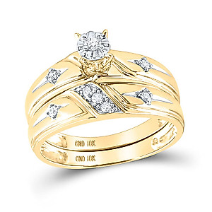 Sizes - L = 9.5, M = 12 - 10k Yellow Gold Diamond Cross on Side Mens And Ladies Couple His & Hers Trio 3 Three Ring Bridal Matching Engagement Wedding Ring Band Set (0.15 cttw.) - Please use drop down menu to select your desired ring sizes