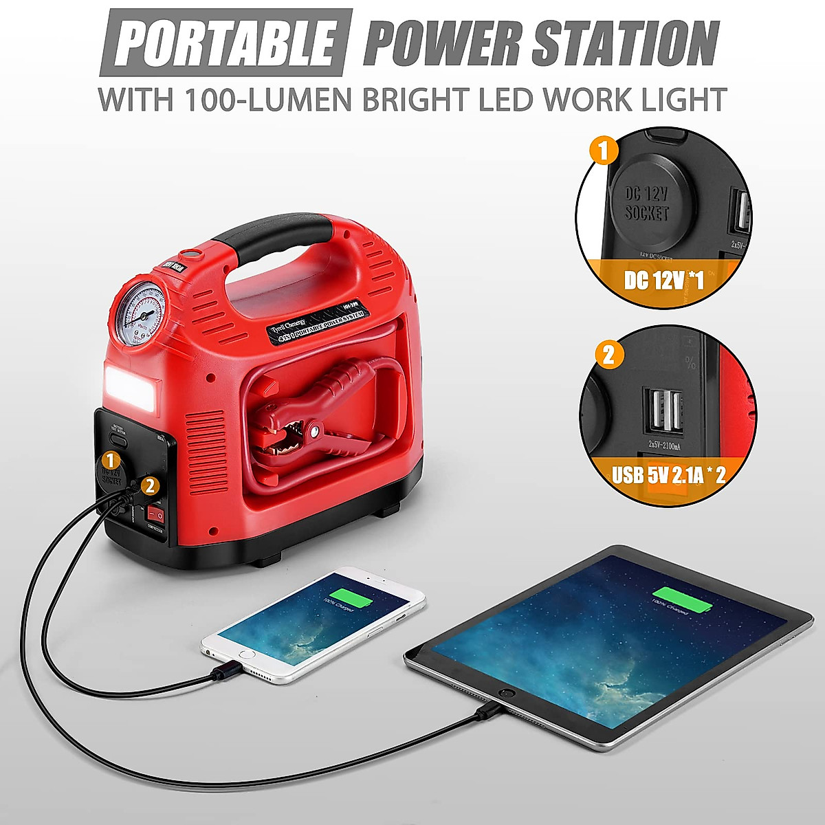 4-in-1 Car Jump Starter with Air Compressor 260 PSI Tire Inflator, 900A Peak Auto Battery Booster Jump Box(Up to 6.0L Gas or 3.0L Diesel Engine), Portable Power Station DC/USB Outlets