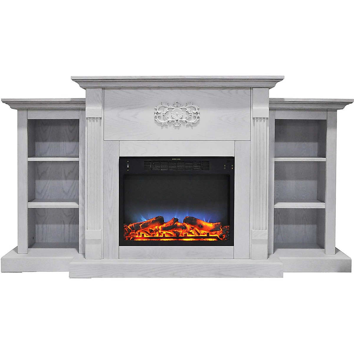 Hanover 72'' Classic White Electric Fireplace with Log Display and LED Multi-Color Realistic Flames, Modern TV Stand Fireplace Heater for Home, Office with Remote Control and Built-in Bookshelves