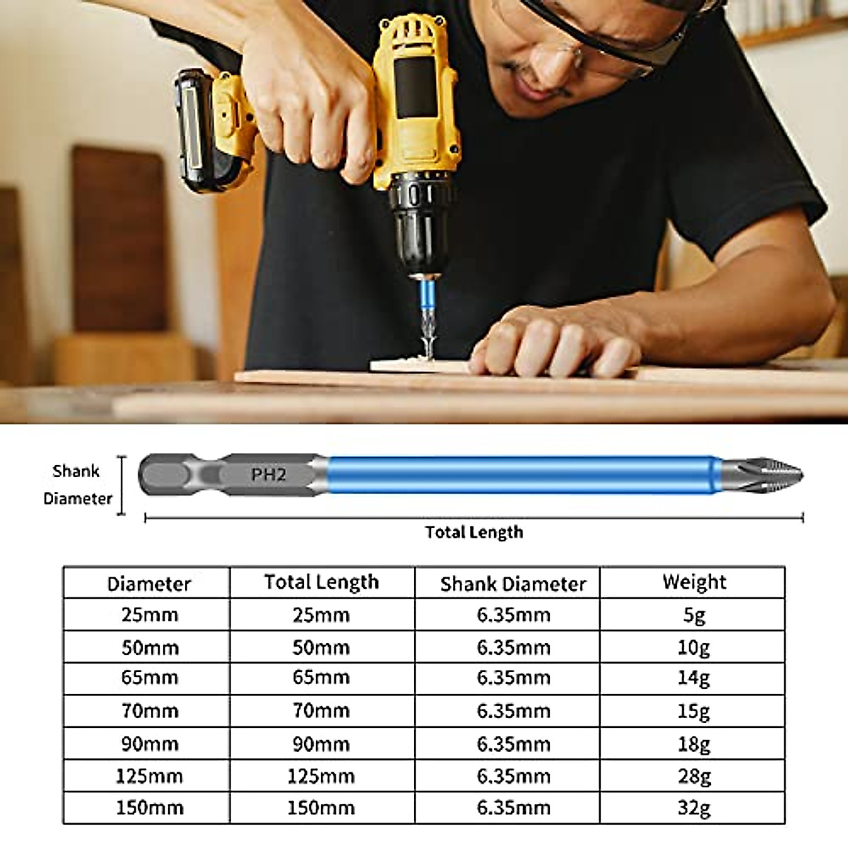 BAYTORY 10-Piece Magnetic Anti-Slip Screwdriver Bits with 1-Piece Magnetize Corrector Tool, 1/4 inch Hex Shank PH2 Phillips Screw Head 25-150mm Long Electric Cross Drill Bit Set
